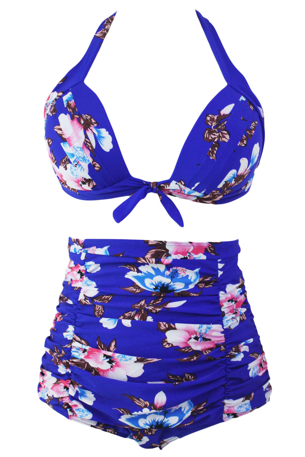 Floral Print Royal Blue High Waist Bikini Swimsuit