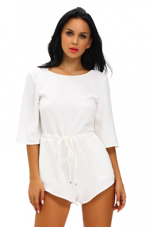 White Drawstring Knot Open Back Romper - STYLESIMO.com